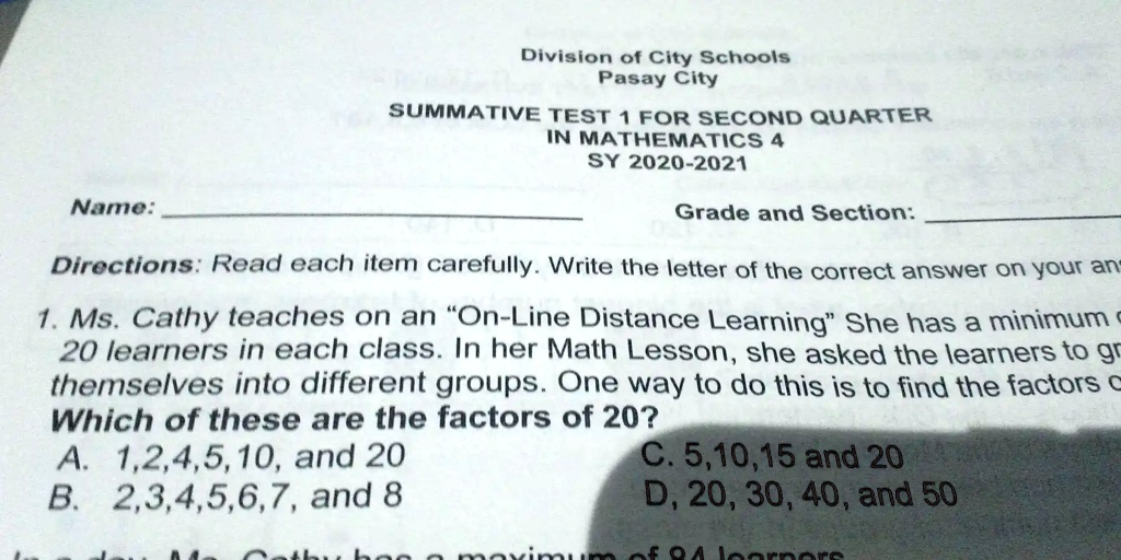 SOLVED: Division of City Schools Pasay City SUMMATIVE TEST FOR SECOND ...