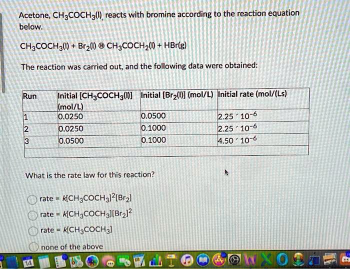 SOLVED: Acetone, CH3COCH3, reacts with bromine according to the ...
