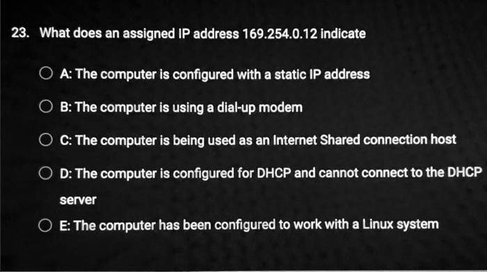 Solved 23 What Does An Assigned Ip Address 169 254 0 12 Indicate A
