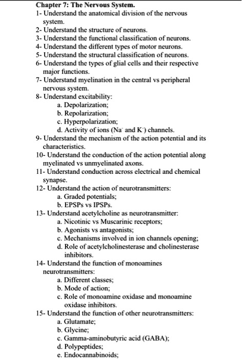 Chapter 7: The Nervous System. 1- Understand the anatomical division of ...