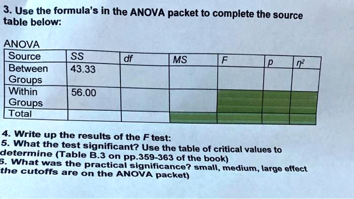 SOLVED:3 Use the formula's in the ANOVA packet to complete the source table below: ANQVA Source ...