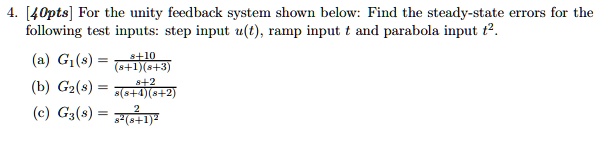SOLVED: For the unity feedback system shown below: Find the steady-state errors for the ...