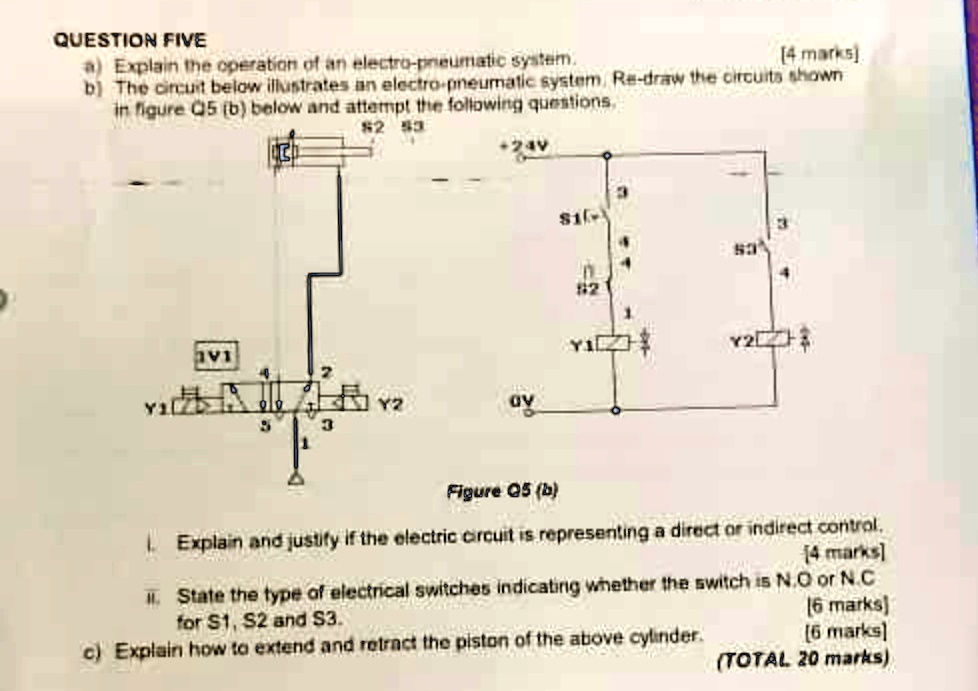 QUESTION FIVE [4 marks] a) Explain the operation of an electro-pneumatic system. b) The circuit ...