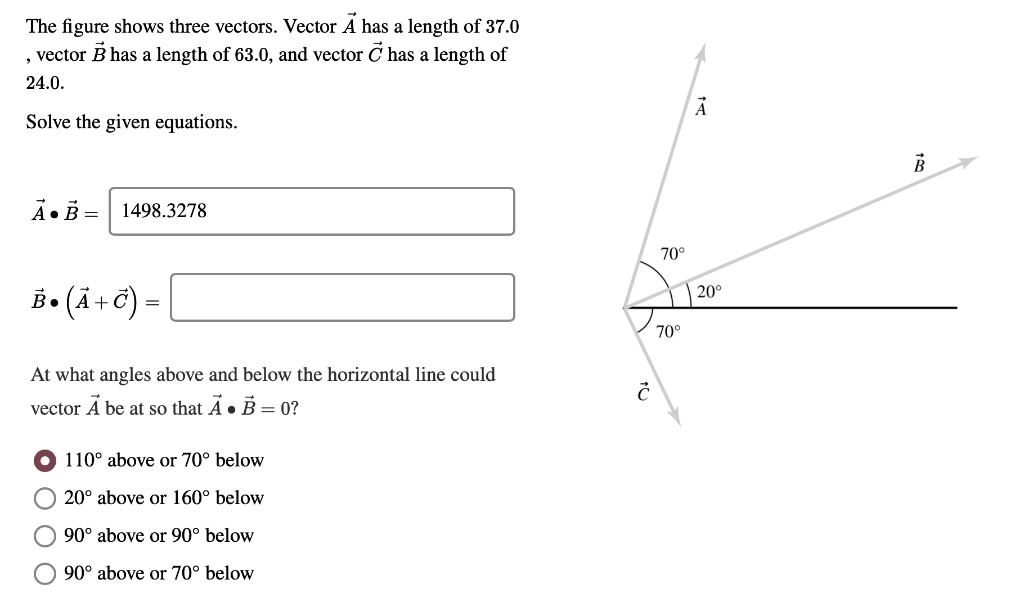The figure shows three vectors. Vector A has a length of 37.0, vector B ...