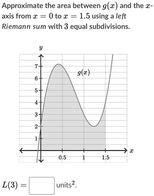 approximate the area between g and the axis from x 0 to x 15 using a left riemann sum with 3 ...