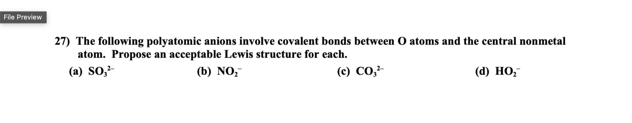 File Preview 27) The following polyatomic anions involve covalent bonds ...