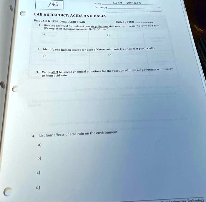 C C /45 a) b) Name LAB #6 REPORT: ACIDS AND BASES PRELAB QUESTIONS ...