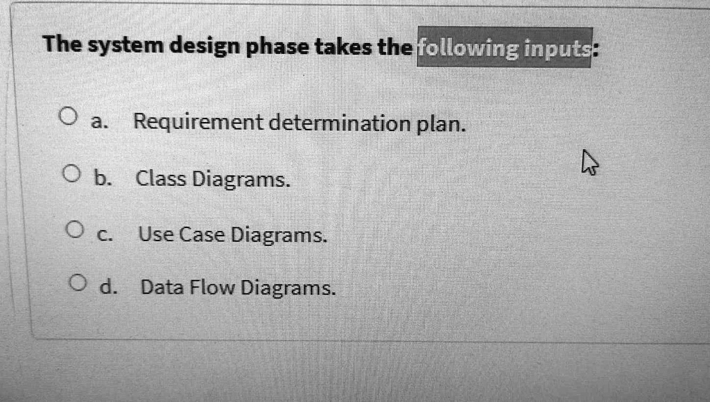 SOLVED: The system design phase takes the following inputs: 0. a ... SOLVED: The system design phase takes the following inputs: 0. a ...