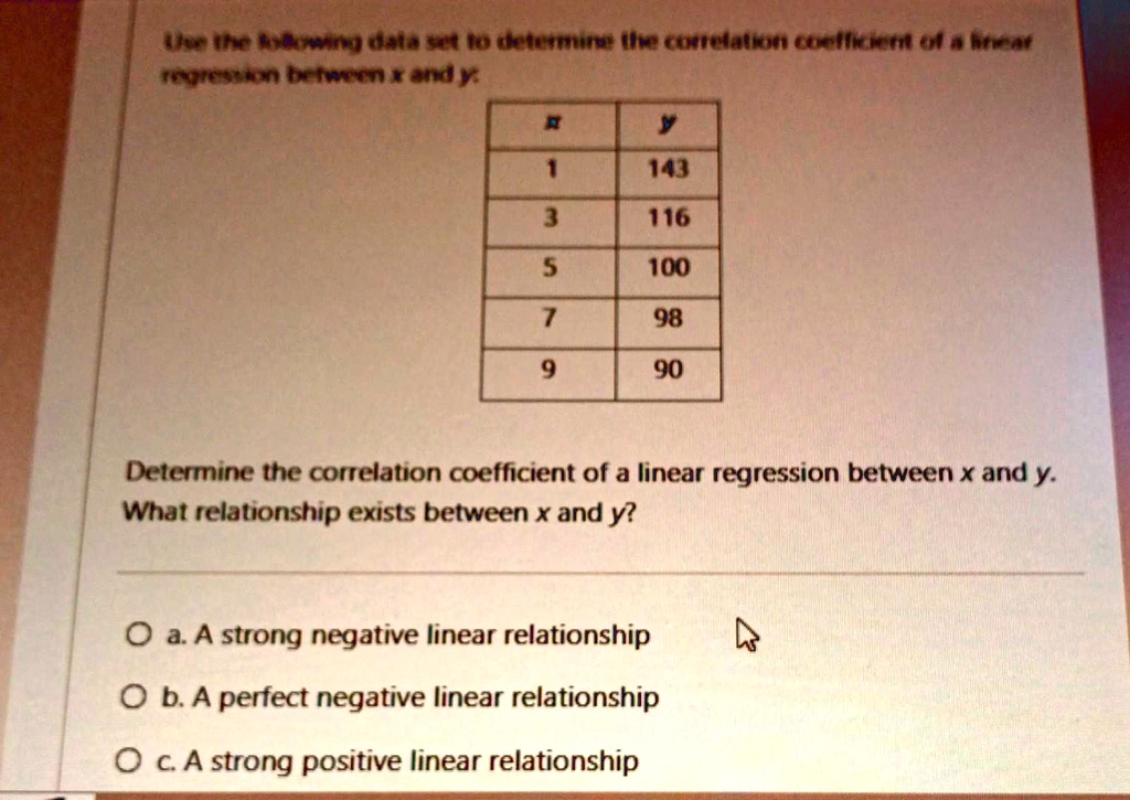 Use the following data set to determine the correlation coefficient of ...