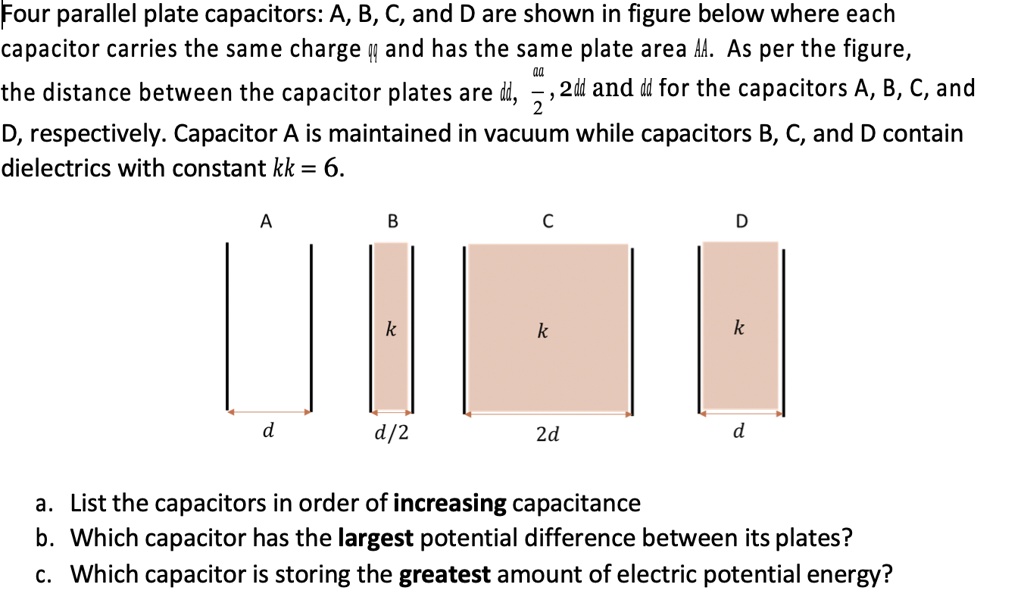 SOLVED: Four parallel plate capacitors: A, B, C, and D are shown in ...