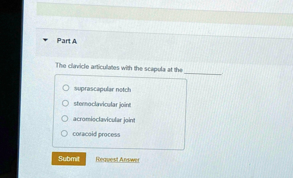 Part a the clavicle articulates with the scapula at the...