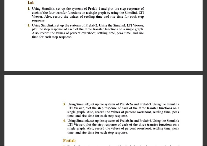 SOLVED: Lab 1. Using Simulink,set up the systems of Prelab 1 and plot the step response of each ...