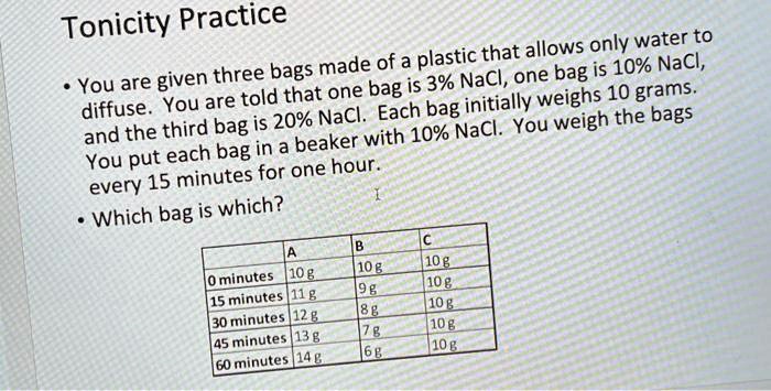 tonicity practice that allows only water to three bags made of a ...