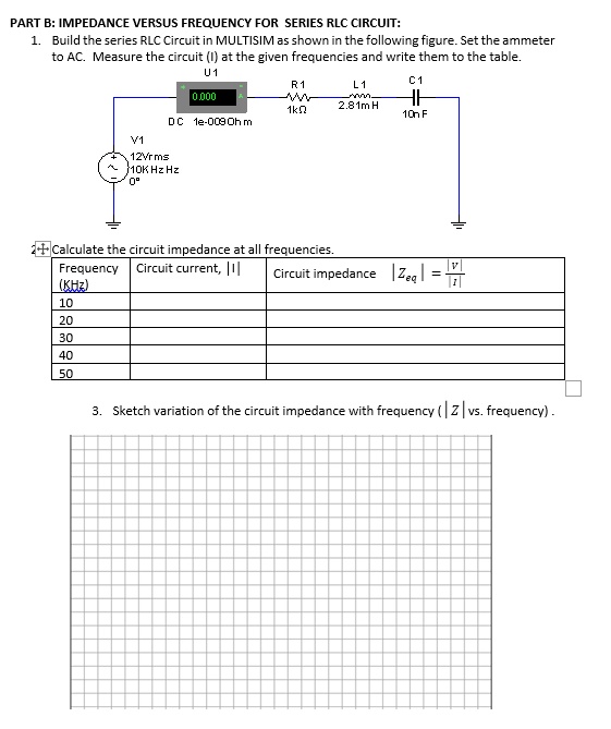 SOLVED: PART B: IMPEDANCE VERSUS FREQUENCY FOR SERIES RLC CIRCUIT: 1. Build the series RLC ...
