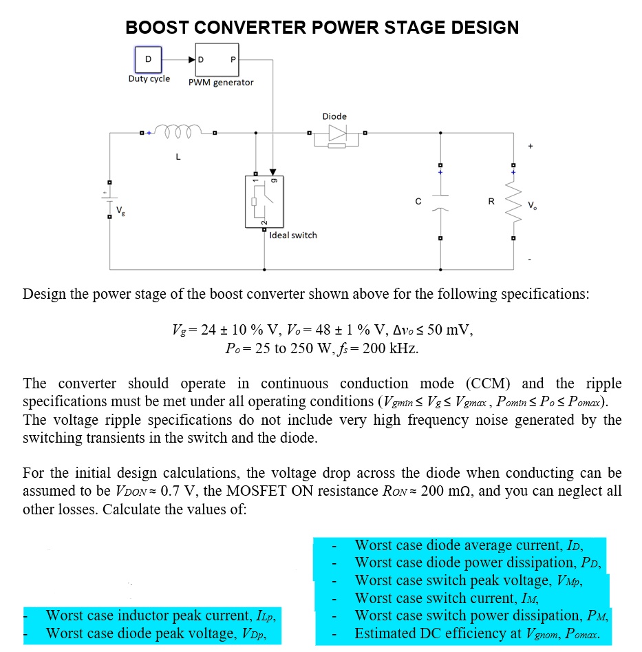 Solved Boost Converter Power Stage Design Duty Cycle Pwm Generator Diode Ideal Switch Design