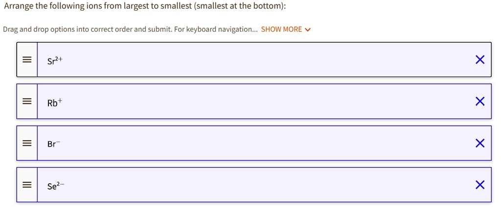 Arrange the following ions from largest to smallest (smallest at the bottom): Drag and drop ...