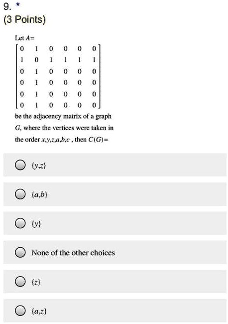 SOLVED: Points) Let A = be the adjacency matrix of graph G.where the vertices were taken in the ...