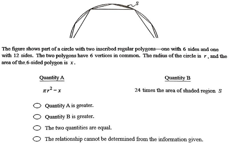 The figure shows part of a circle with two inscribed regular polygons ...