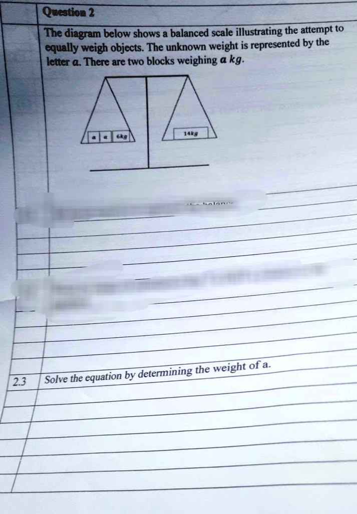 Question 2 The diagram below shows a balanced scale illustrating the attempt to equally weigh ...