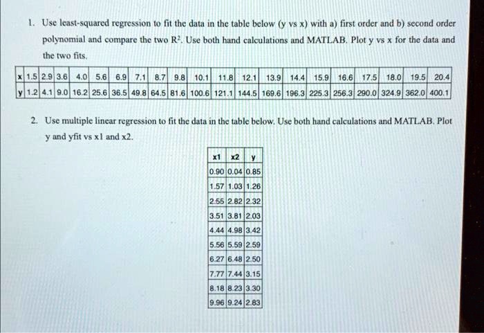 1 use least squared regression to fit the data in the table below y vs x with a first order and ...