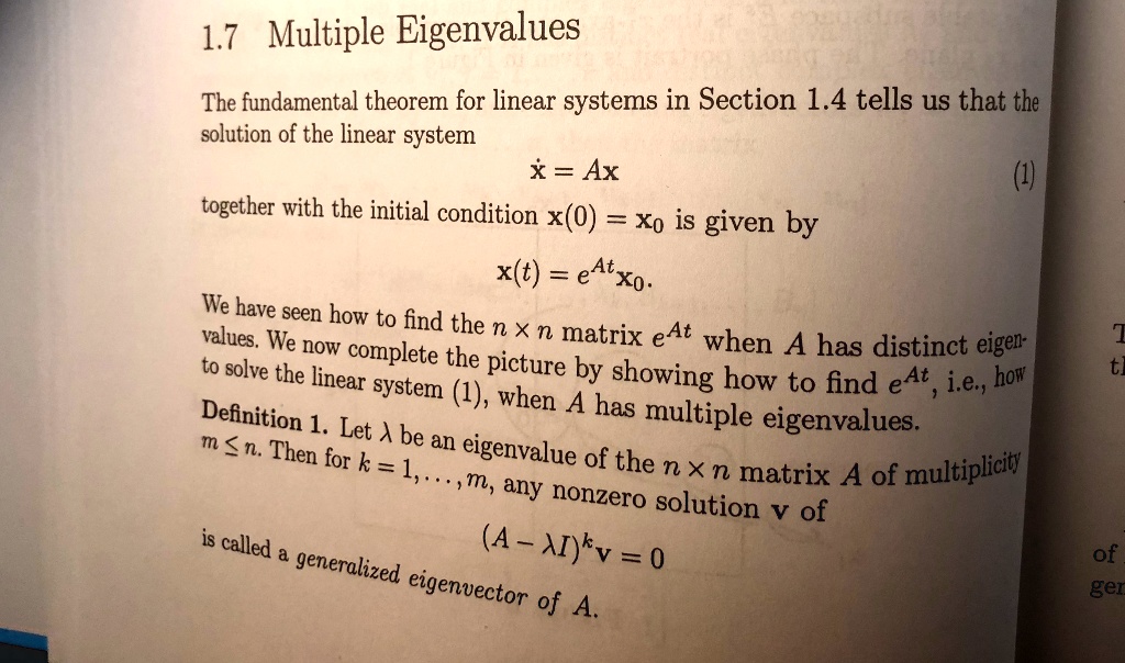 SOLVED: 1.7 Multiple Eigenvalues The fundamental theorem for linear systems in Section 1.4 tells ...