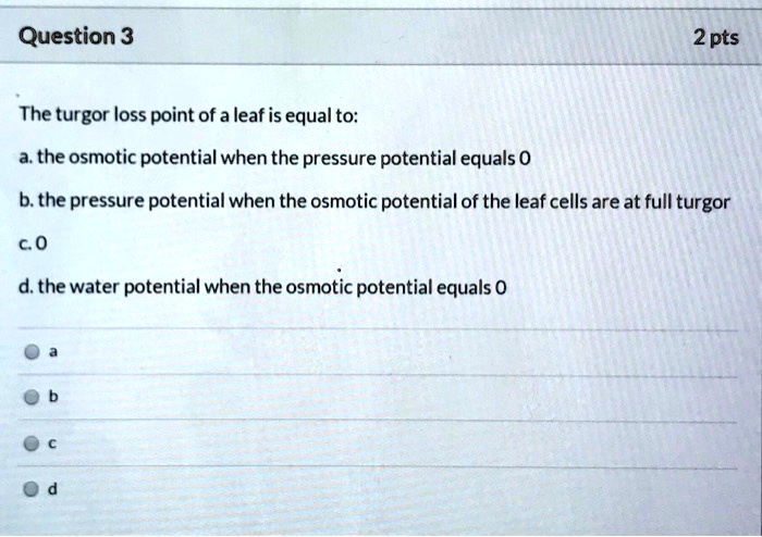 SOLVED: Question 3 2 pts The turgor loss point of a leaf is equal to: the osmotic potential when ...