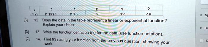 SOLVED: 01875 075 Does the data in the table represent a linear or exponential function? Explain ...