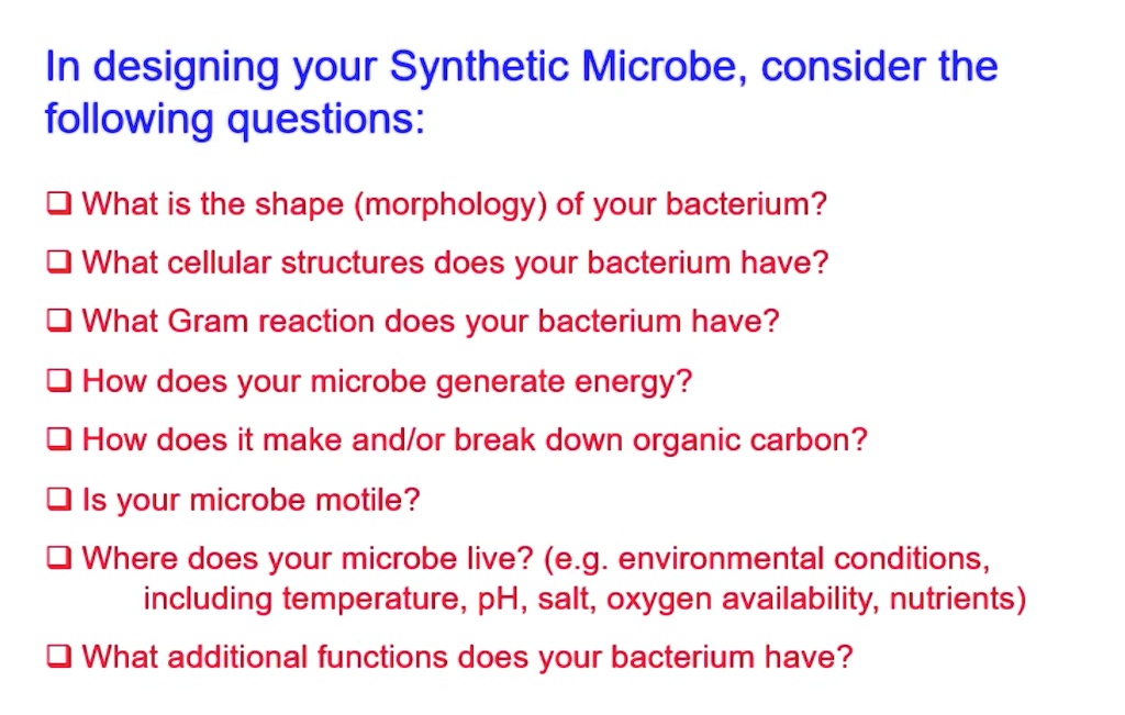 SOLVED: In designing your Synthetic Microbe, consider the following ...