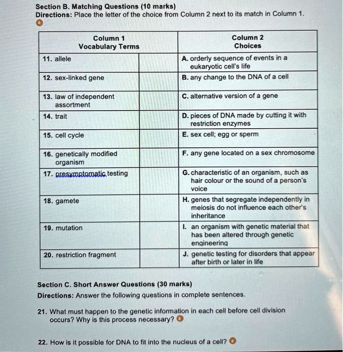 SOLVED: Section B. Matching Questions (10 marks) Directions: Place the ...