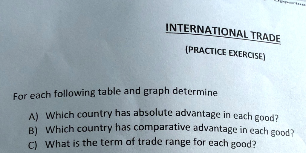 INTERNATIONAL TRADE (PRACTICE EXERCISE) For each following table and ...