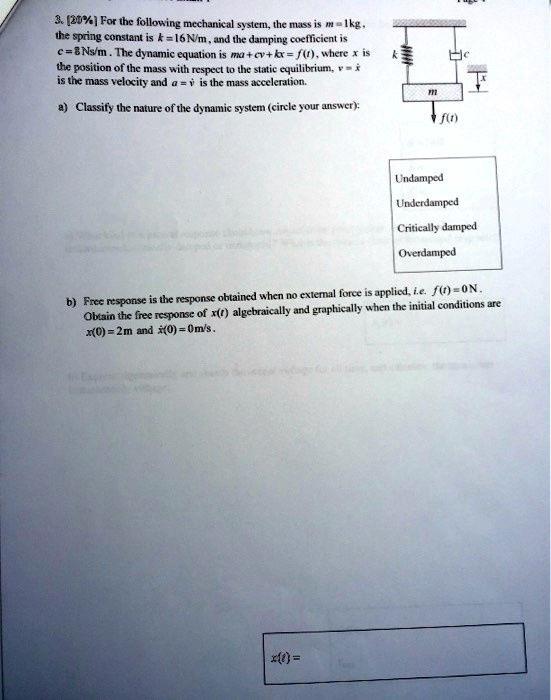 3. [20%] For the following mechanical system, the mass is m=1kg, the spring constant is k = 16N ...