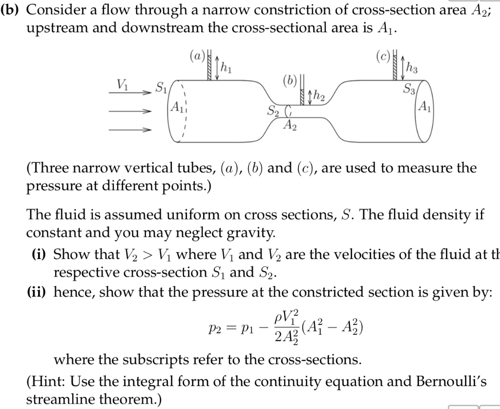 SOLVED: (b) Consider a flow through a narrow constriction of cross ...