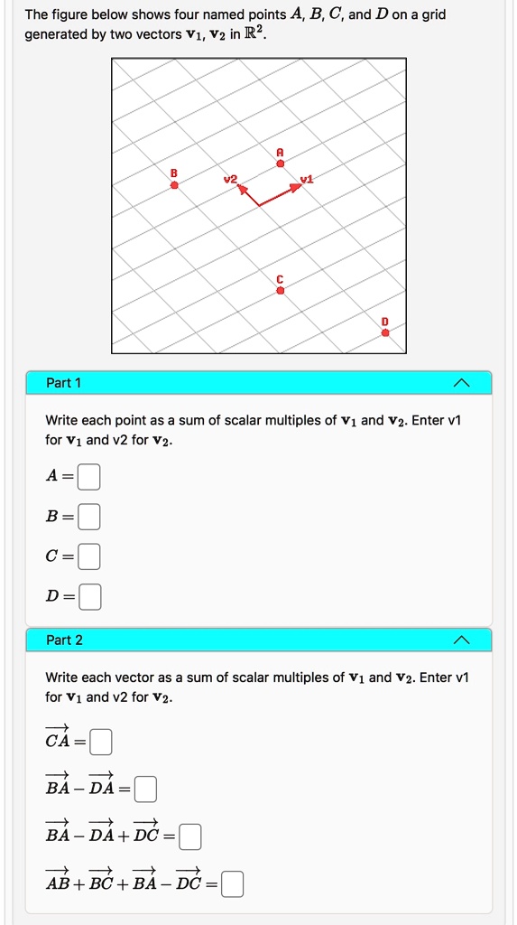 the figure below shows four named points a b c and d on a grid generated by two vectors v1 v2 in ...