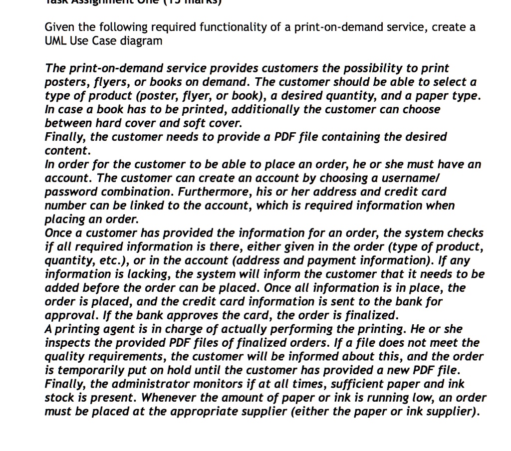 SOLVED: Given the following required functionality of a print-on-demand ...