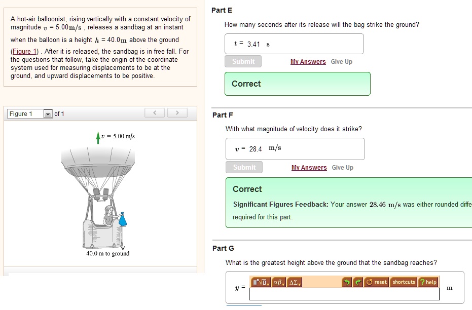 SOLVED: A hot-air balloonist, rising vertically with a constant velocity of magnitude = 5.00 m/s ...