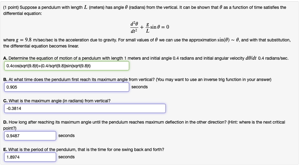 1 point suppose pendulum with length l meters has angle radians from the vertical can be shown ...