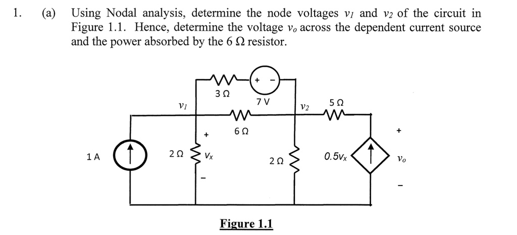 (a) Using Nodal analysis, determine the node voltages vi and v2 of the circuit in Figure 1.1 ...