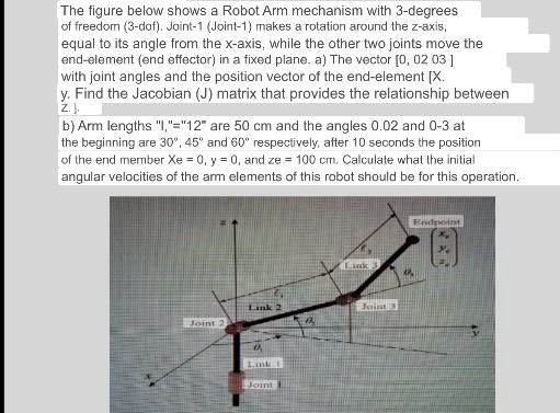 The figure below shows a Robot Arm mechanism with 3-degrees of freedom (3-dof). Joint-1 (Joint-1 ...