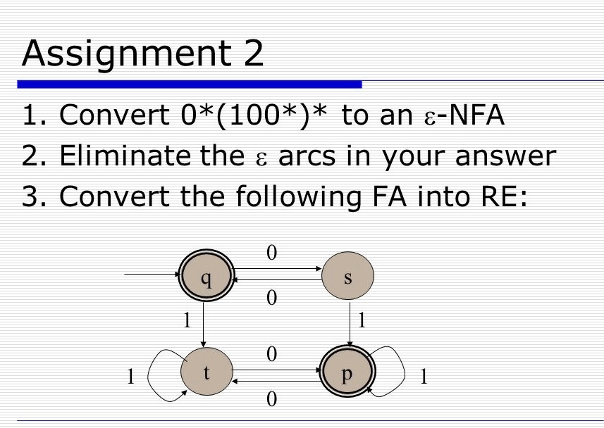 Assignment 2 1 Convert 0100 To An Nfa 2 Eliminate The Arcs In Your Answer 3 Convert The 