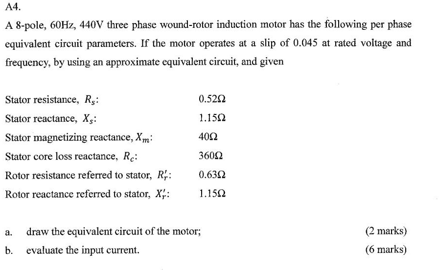 SOLVED: A 8-pole, 60Hz, 440V three-phase wound-rotor induction motor has the following per phase ...