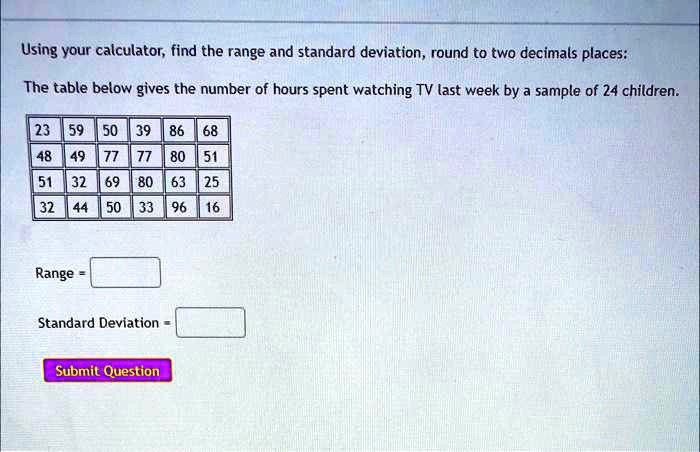 SOLVED: using your calculator find the range and standard deviation round to two decimal places ...