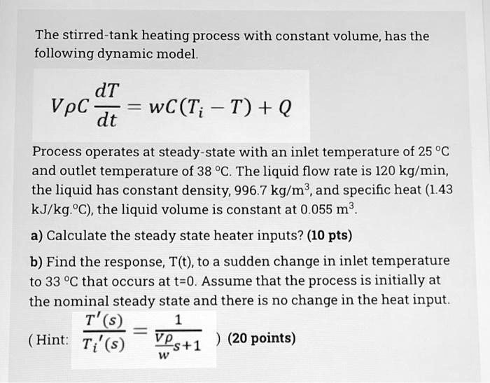 SOLVED: The stirred-tank heating process with constant volume has the following dynamic model ...