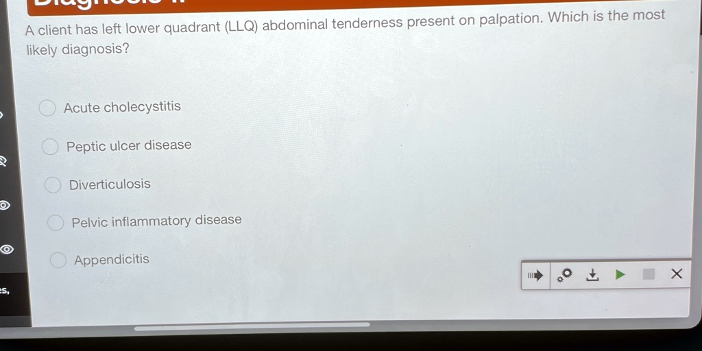 A client has left lower quadrant (LLQ) abdominal tenderness present on ...
