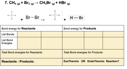 SOLVED: 7. CH4( g)+Br2( g)→CH3Br(g)+HBr(g) Bond energy for Reactants 2 ...