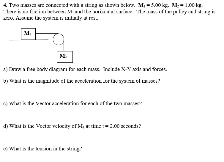 SOLVED: 4. Two masses are connected with string as shown below: Mi = 5.00 kg Mz = L.00 kg: There ...