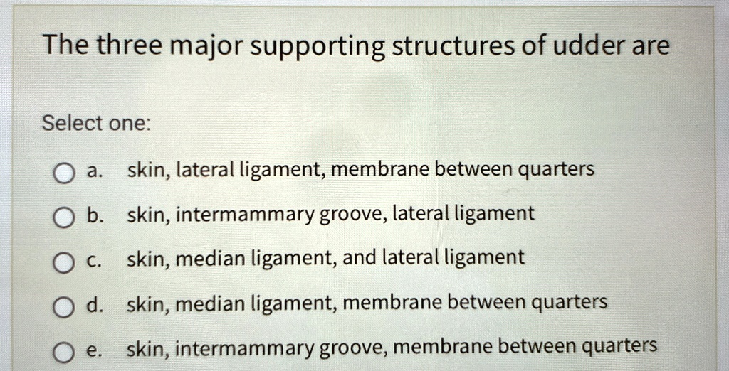 the three major supporting structures of udder are select one a skin ...