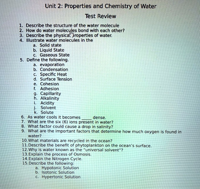 unit 2 properties and chemistry of water test review describe the ...