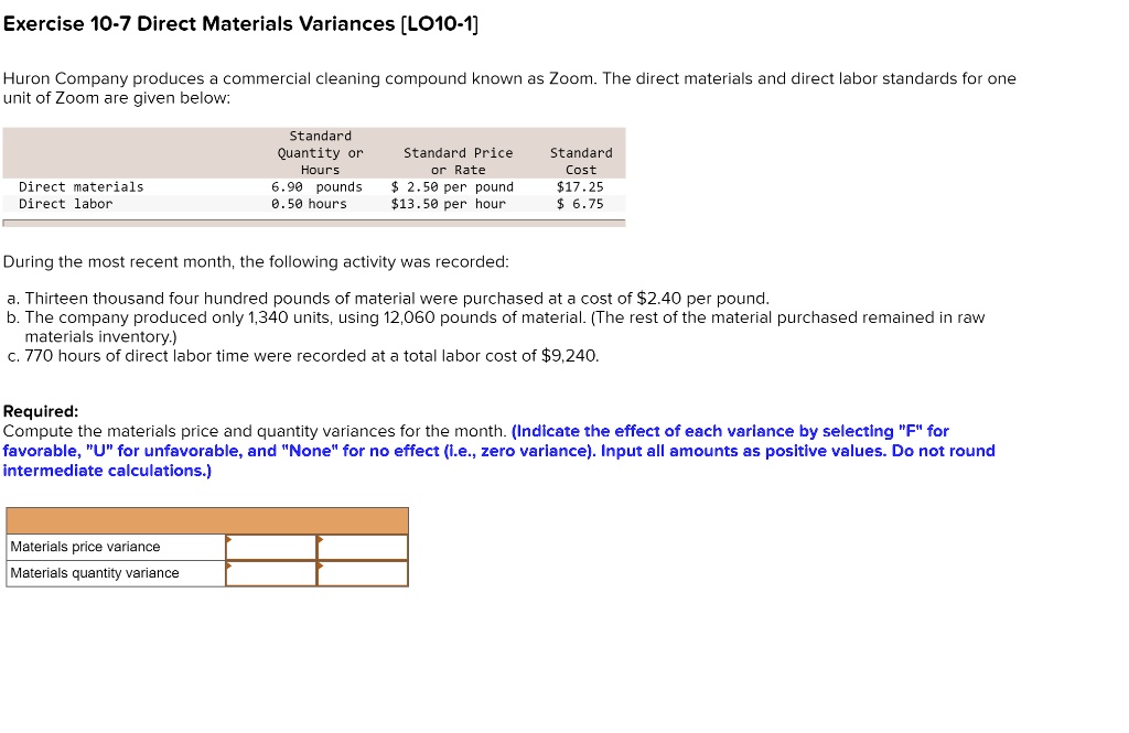 SOLVED: Exercise 10-7 Direct Materials Variances [LO10-1] Huron Company ...
