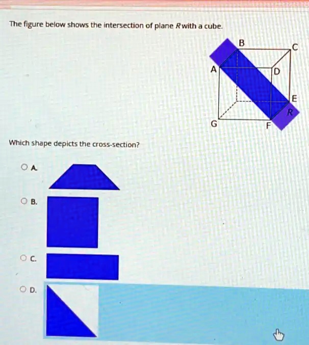The figure below shows the intersection of plane R with a cube. Which shape depicts the cross ...