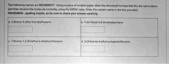 The following names are INCORRECT. Using a piece of scratch paper, draw the structural formula ...